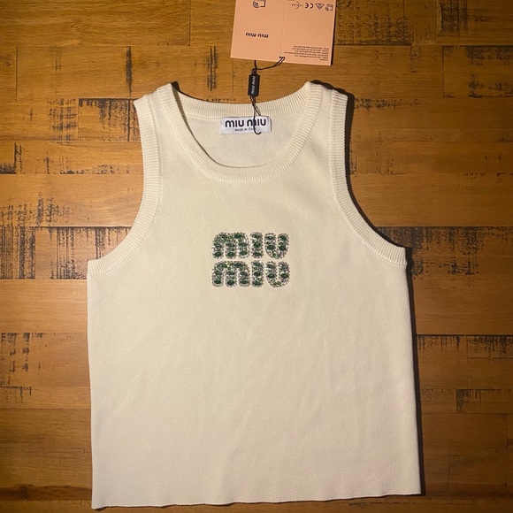 Miu Miu | Tops | Miu Miu Cream Tank With Green Rhinestone Logo | Poshmark